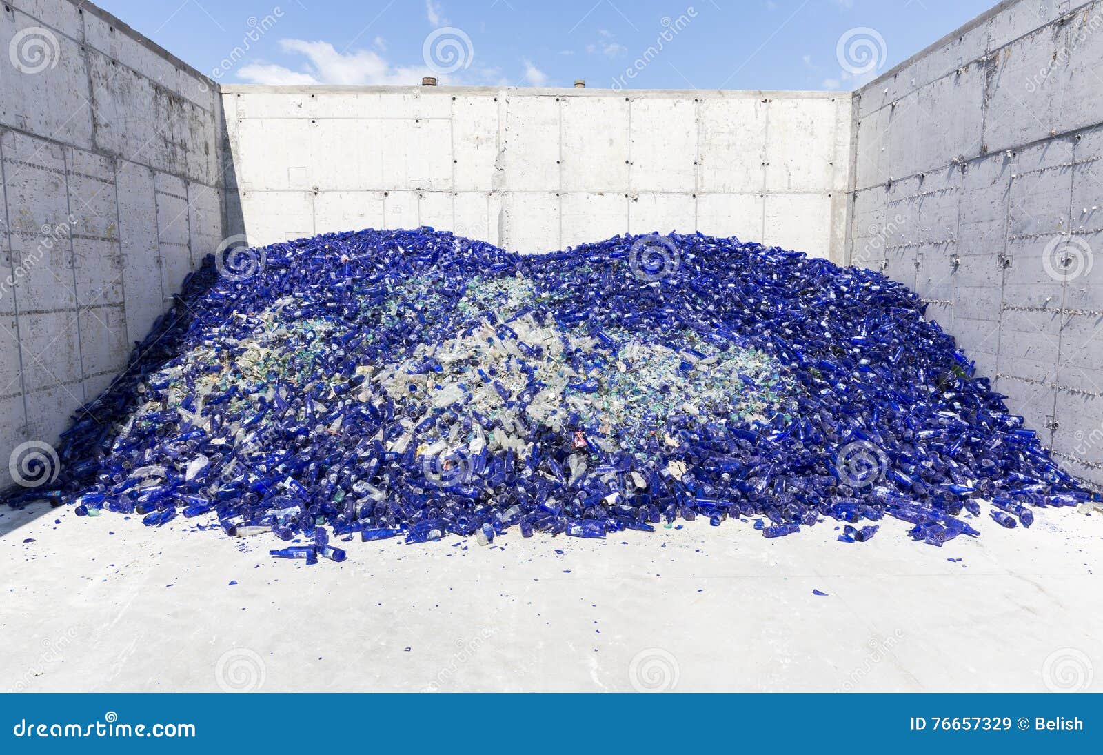 Glass Waste in Recycling Facility. Blue Bottles Stock Image - Image of ...