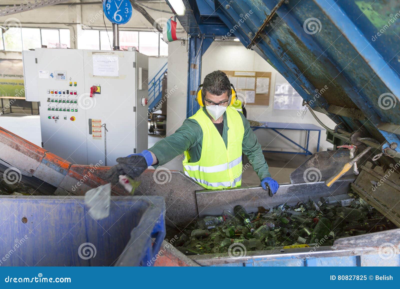 Worker Of Recycling Garbage Collector Truck Loading Waste And Trash Bin ...