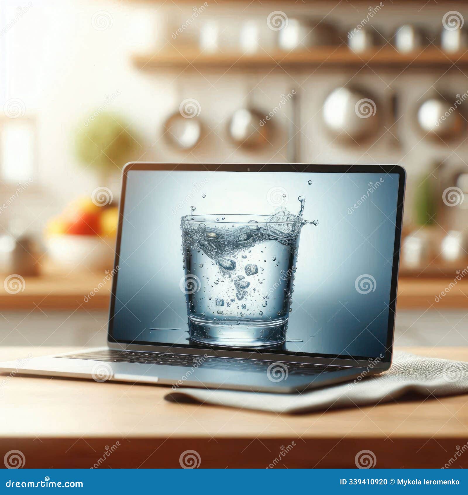 A Glass of Water on a Laptop Screen, Realism and Technology. Stock ...