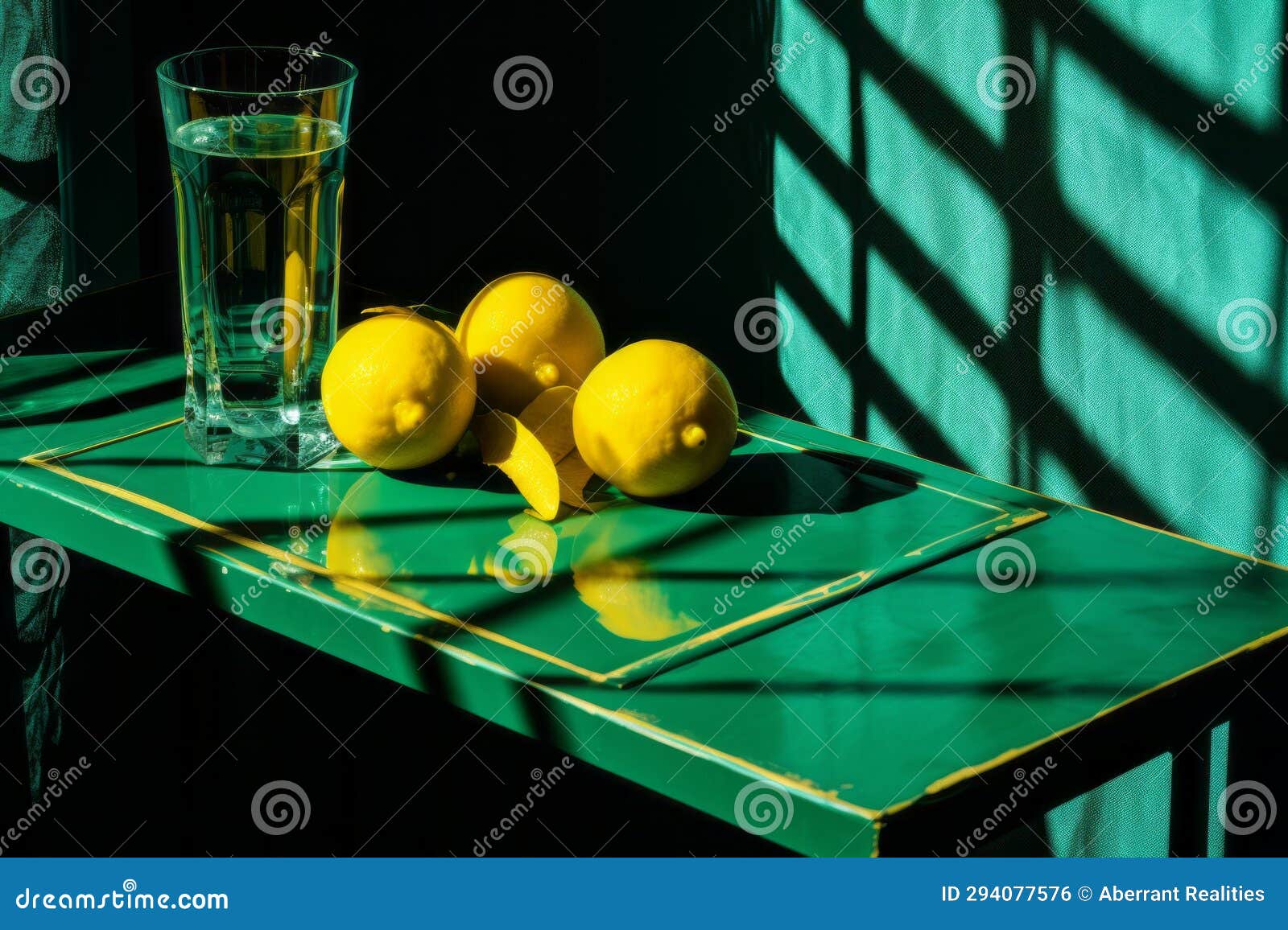A Glass of Water and Lemons on a Green Table Stock Illustration ...