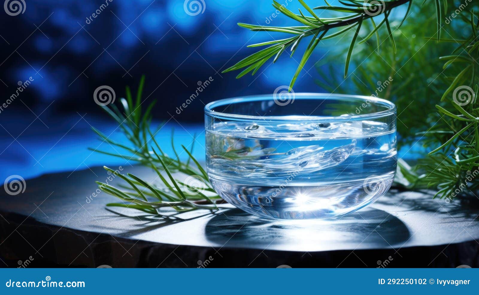 Glass of Water and Spruce Tree Branch on Blue Background, Closeup Stock ...