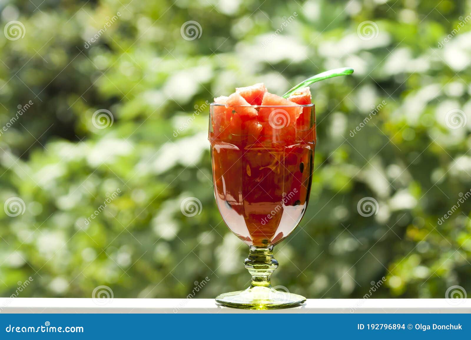 Glass of watermelon pulp stock photo. Image of table - 192796894