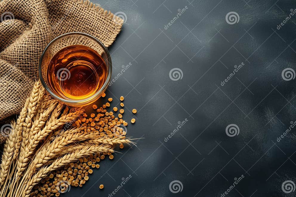 Glass of Whiskey with Wheat and Grain on Dark Rustic Background Stock ...