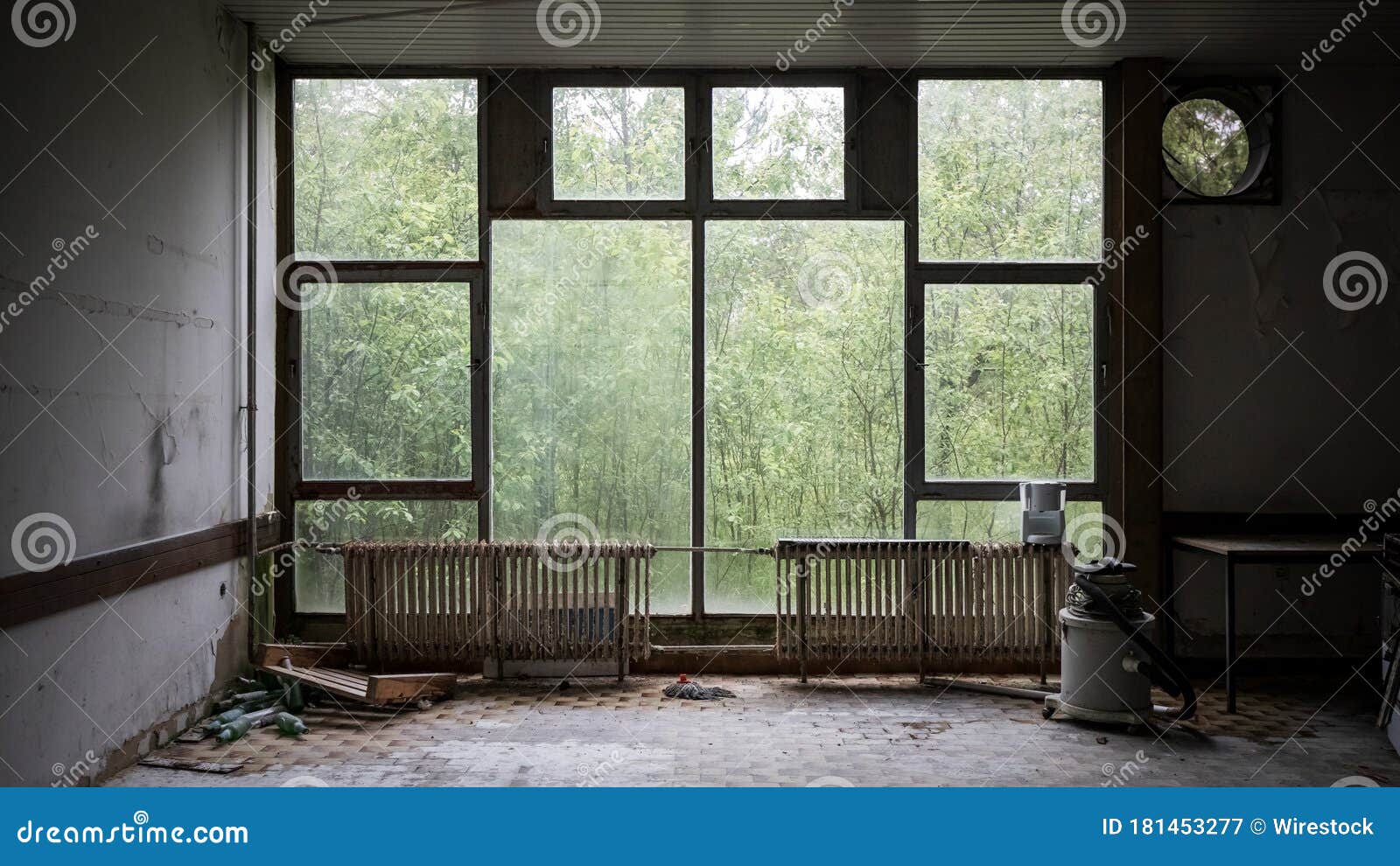 Glass Window and a Messy Floor in an Abandoned Room Stock Image - Image ...