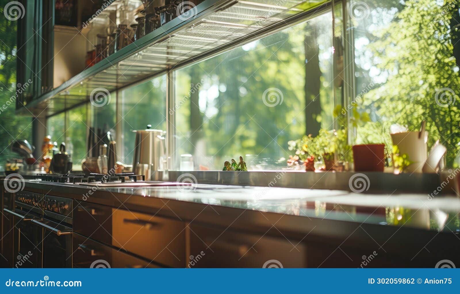 Glass Windows on a Cooktop Overlook Large Green Plants Stock ...