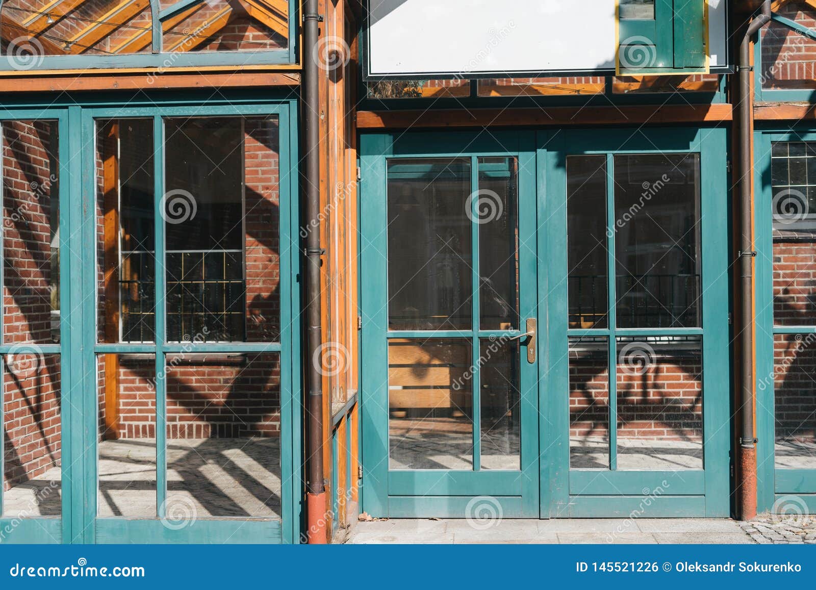 Glass Windows and Doors with Turquoise Frames Stock Photo - Image of ...
