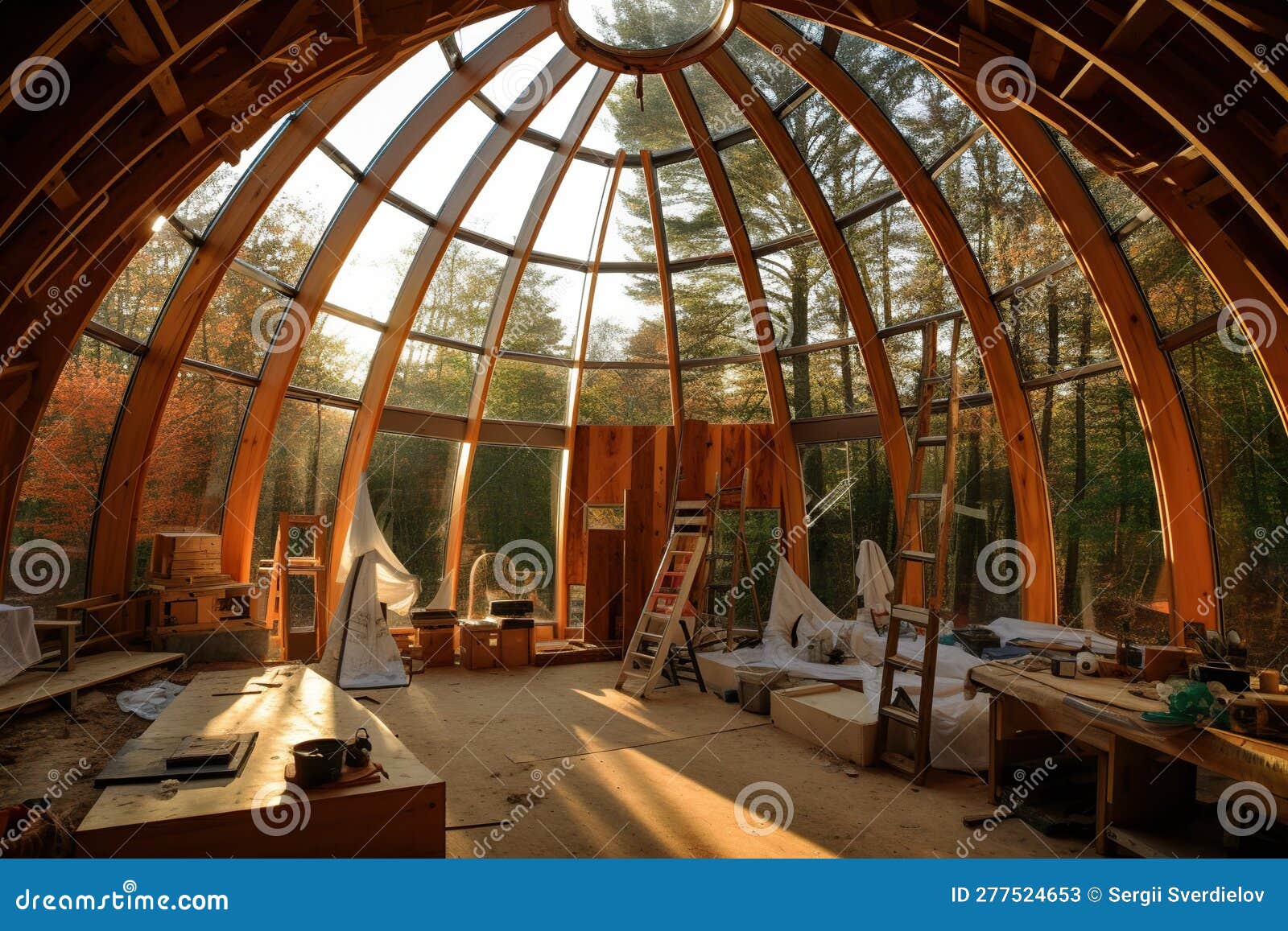 A Glass and Wood Dome House Under Construction, with Scaffolding and ...