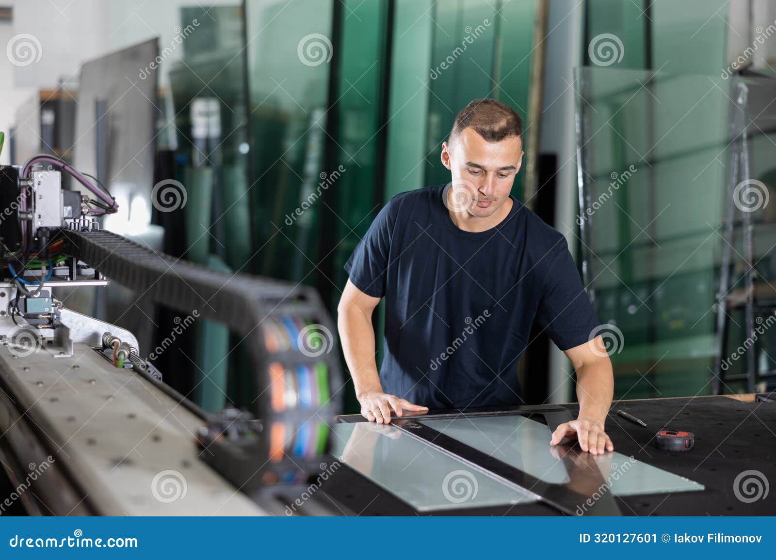 Glass Workshop - Man Marks Glass for Cutting with Glass Cutter Stock ...