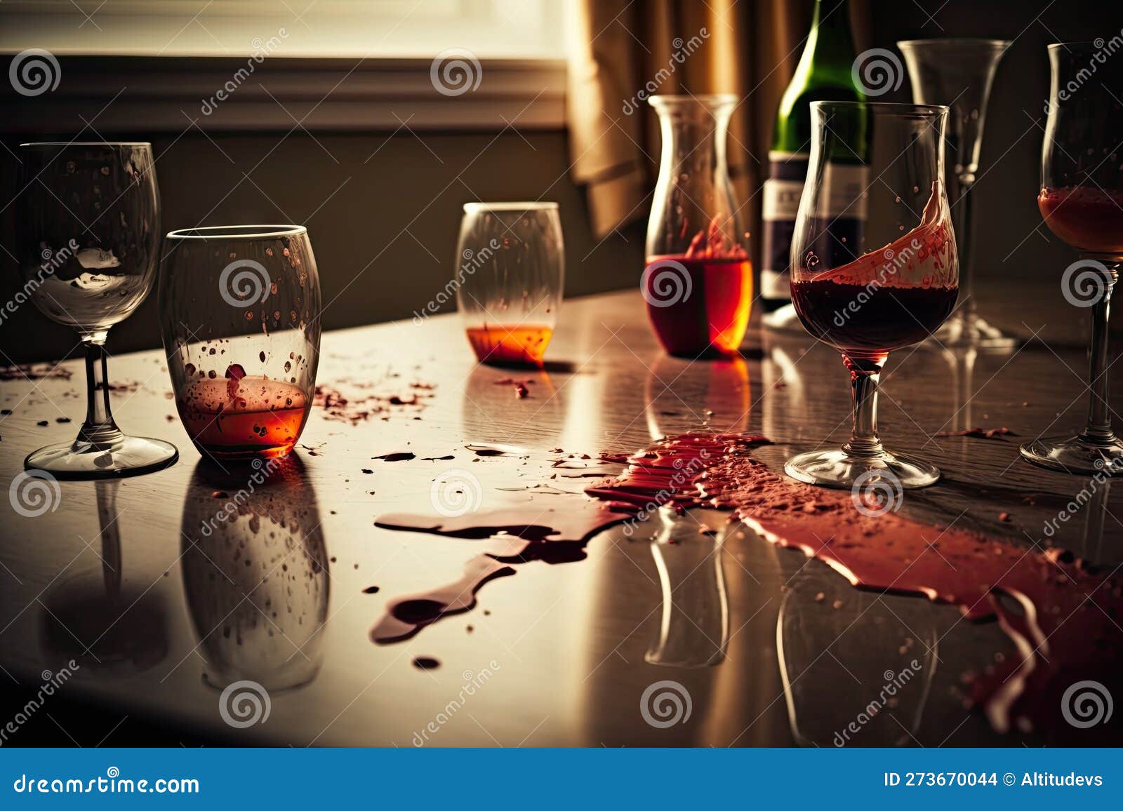 Glasses with Beer and Wine Spilled on Table in Room after Party Stock ...