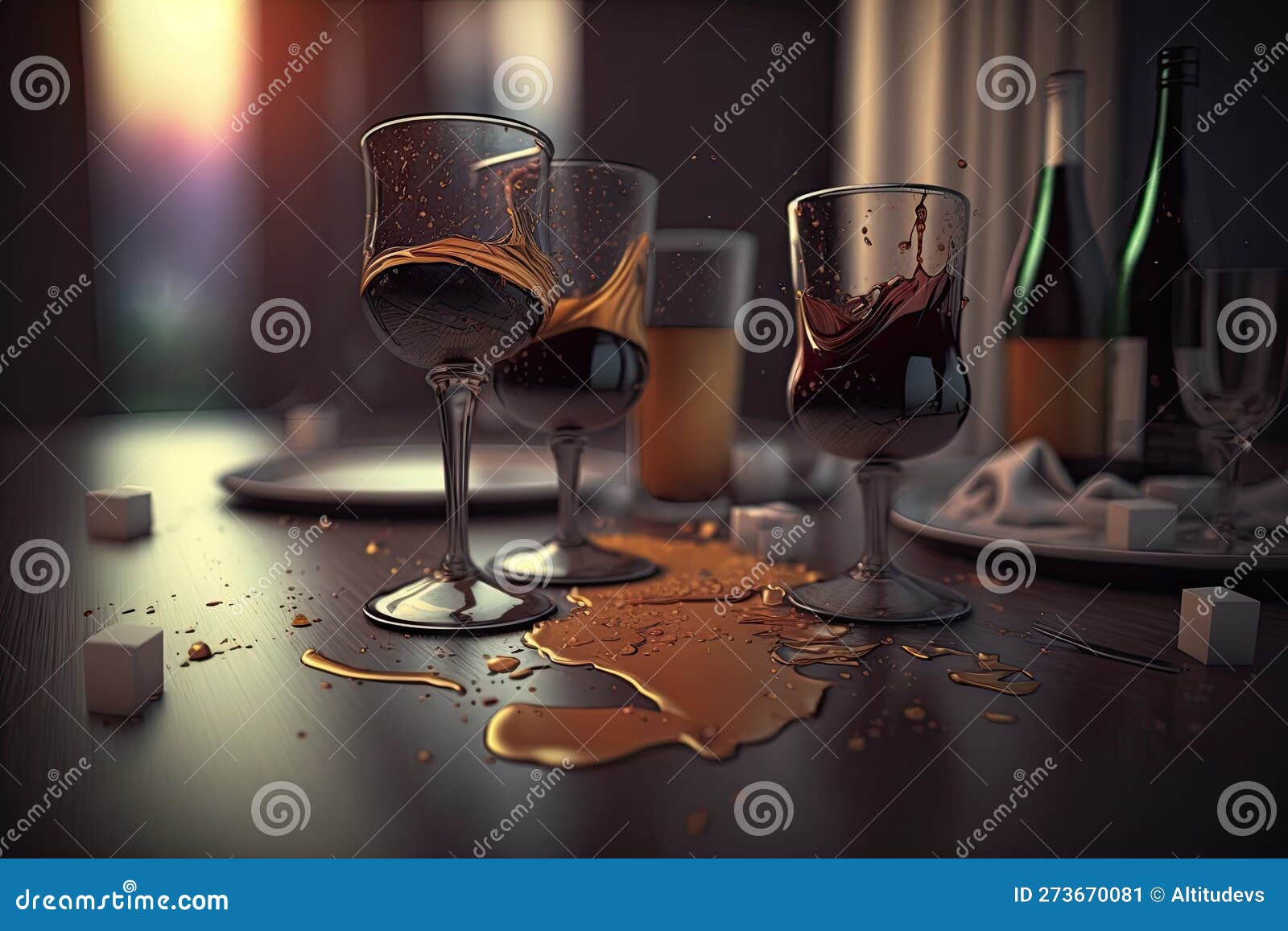Glasses with Beer and Wine Spilled on Table in Room after Party Stock ...