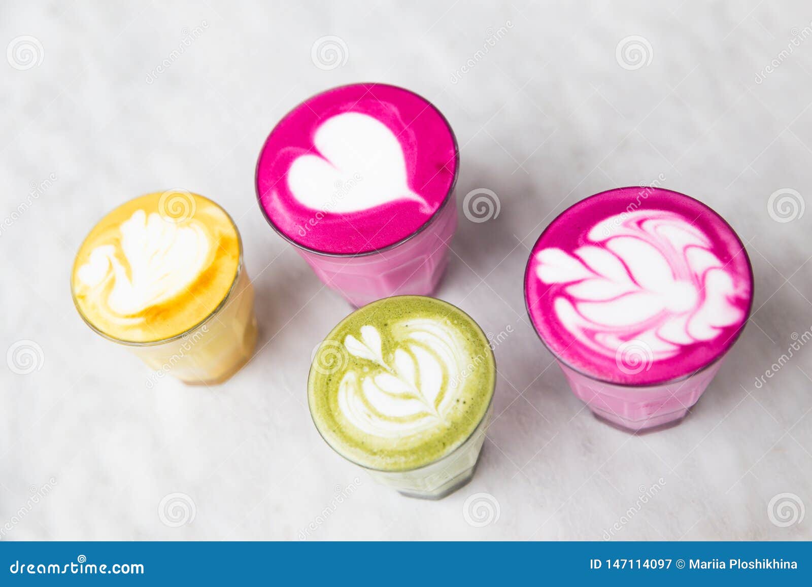 Glasses of Beetroot, Matcha,turmeric Latte on Marble Table Background ...