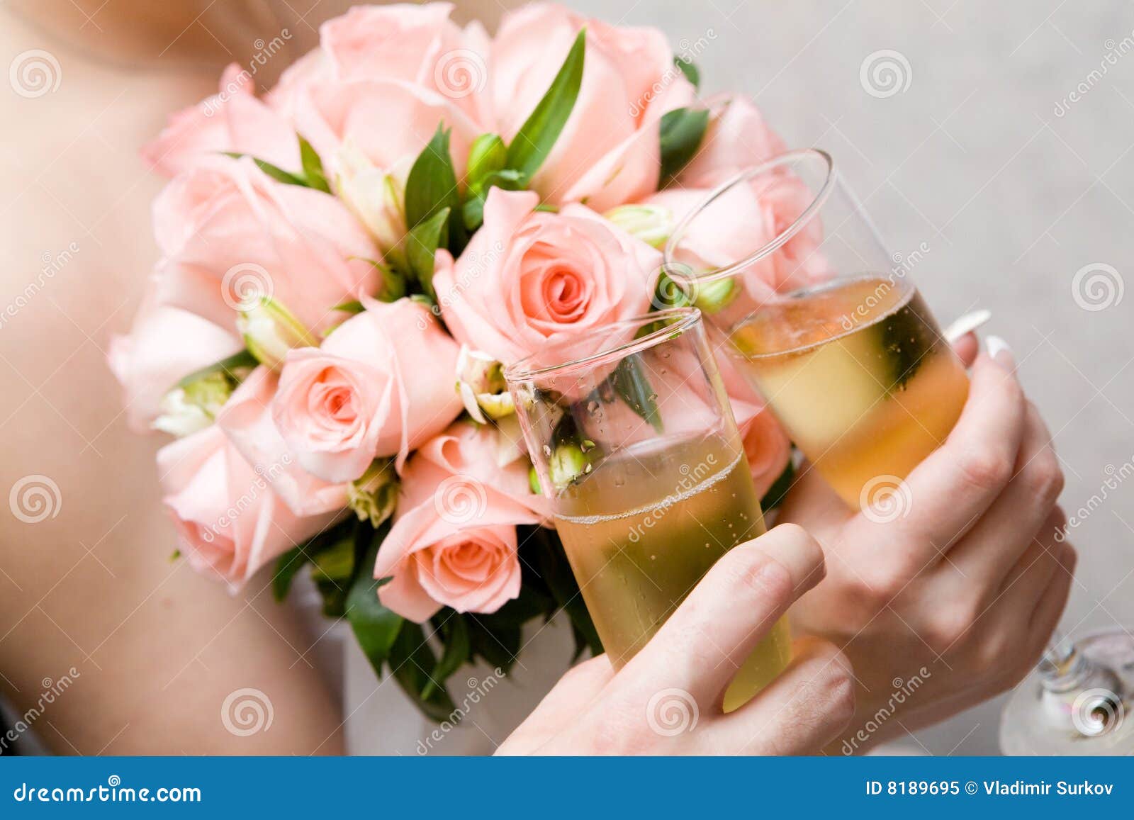 Glasses of Champagne and Rose Bouquet Stock Image - Image of close ...