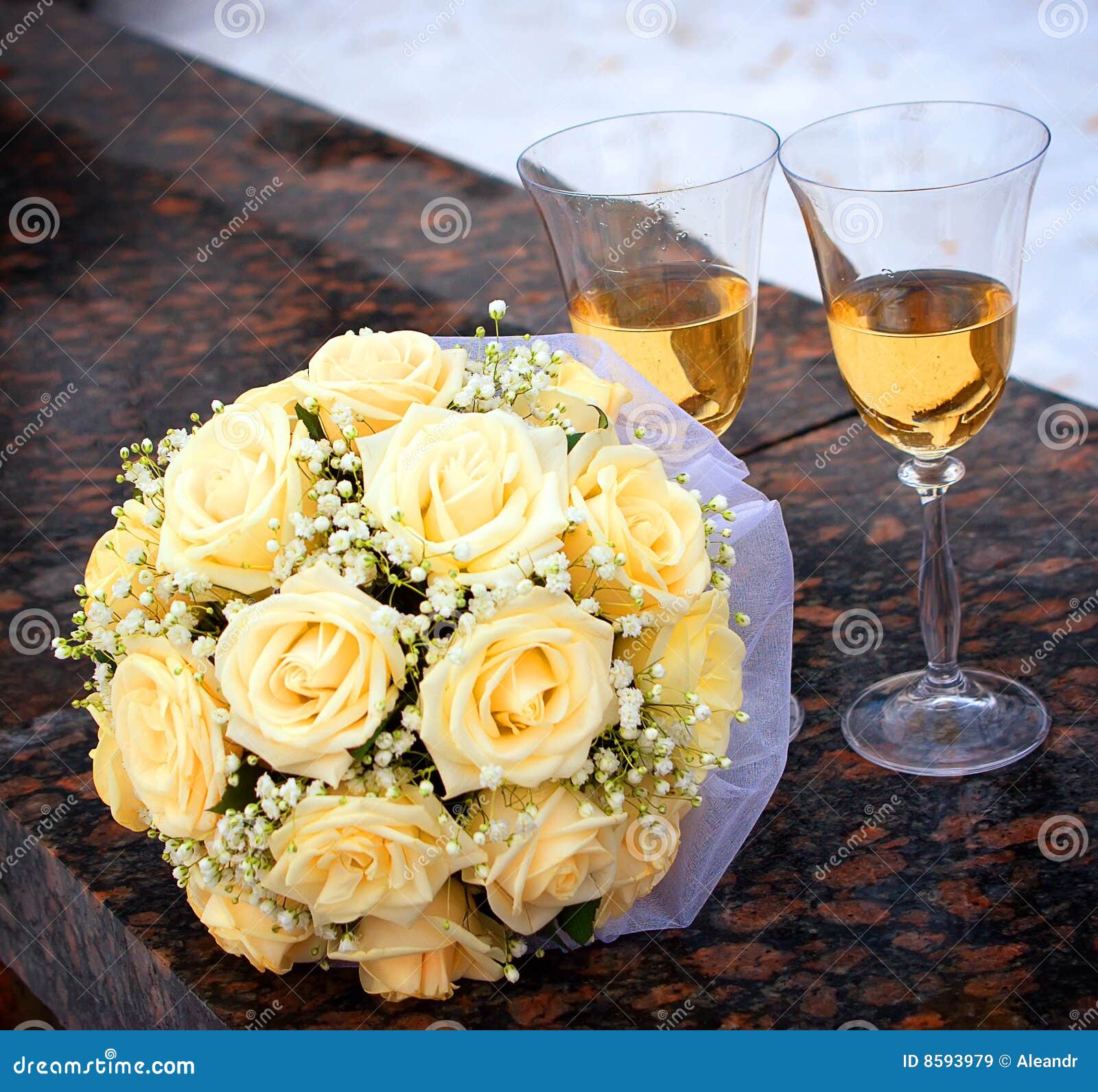 Glasses of Champagne and Rose Bouquet Stock Image - Image of champagne ...