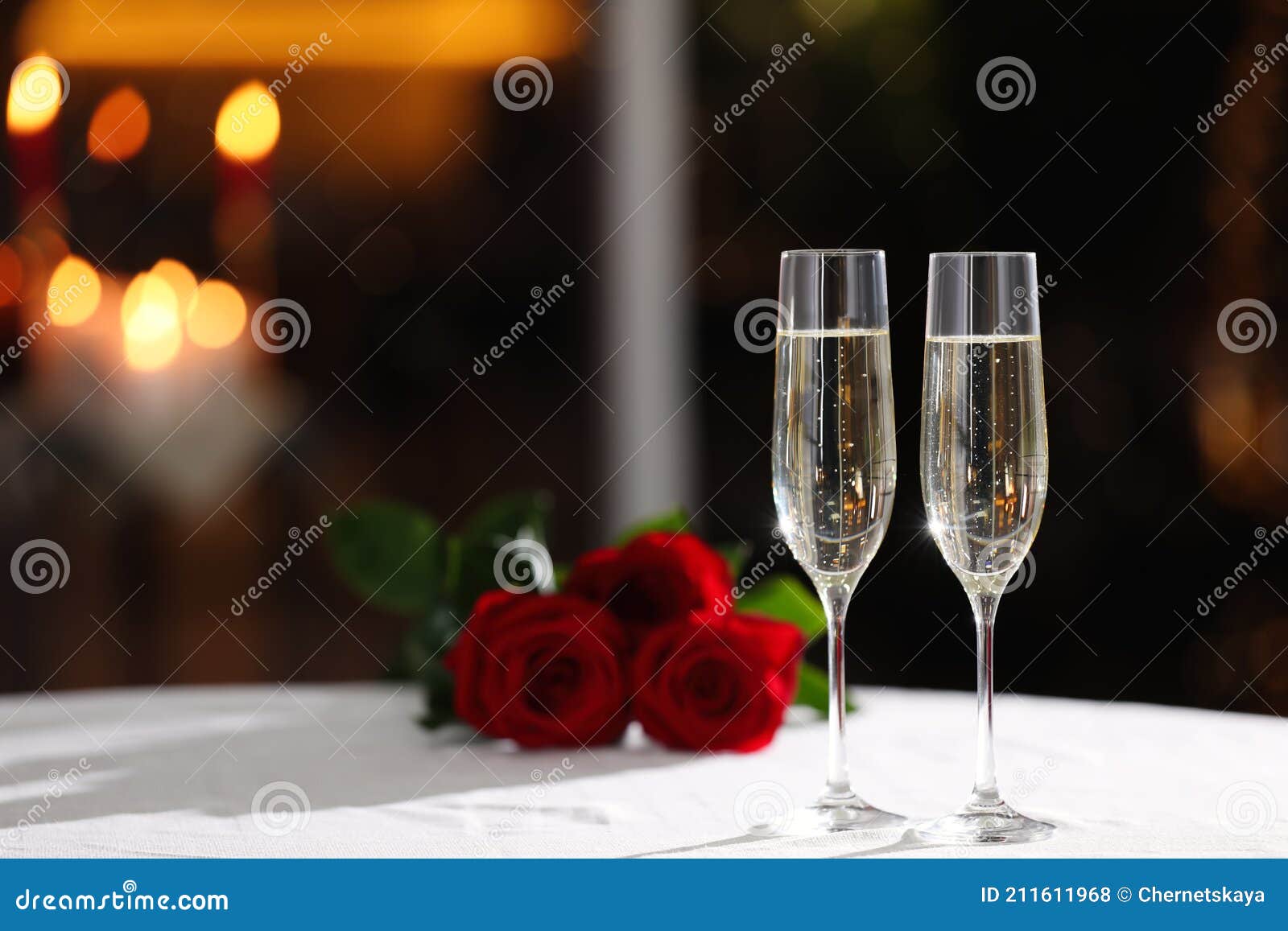 Glasses of Champagne on Table in Restaurant, Space for Text. Romantic ...