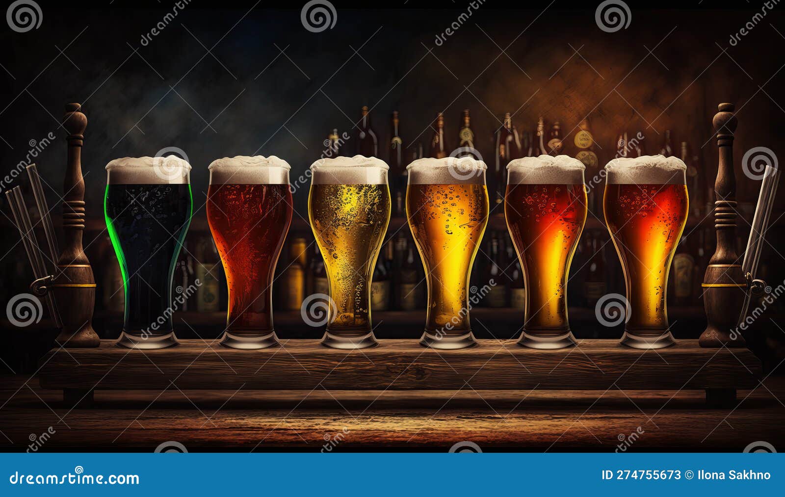 Glasses With Different Sorts Of Craft Beer On Wooden Bar Tap Beer In Pint Glasses Arranged In A