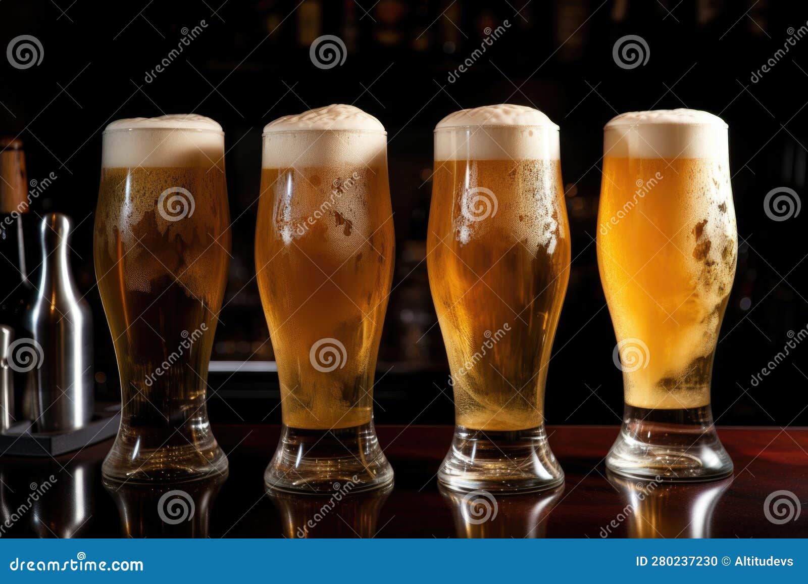 Glasses of Draught Beer in a Row, with Foaming and Carbonation Visible ...