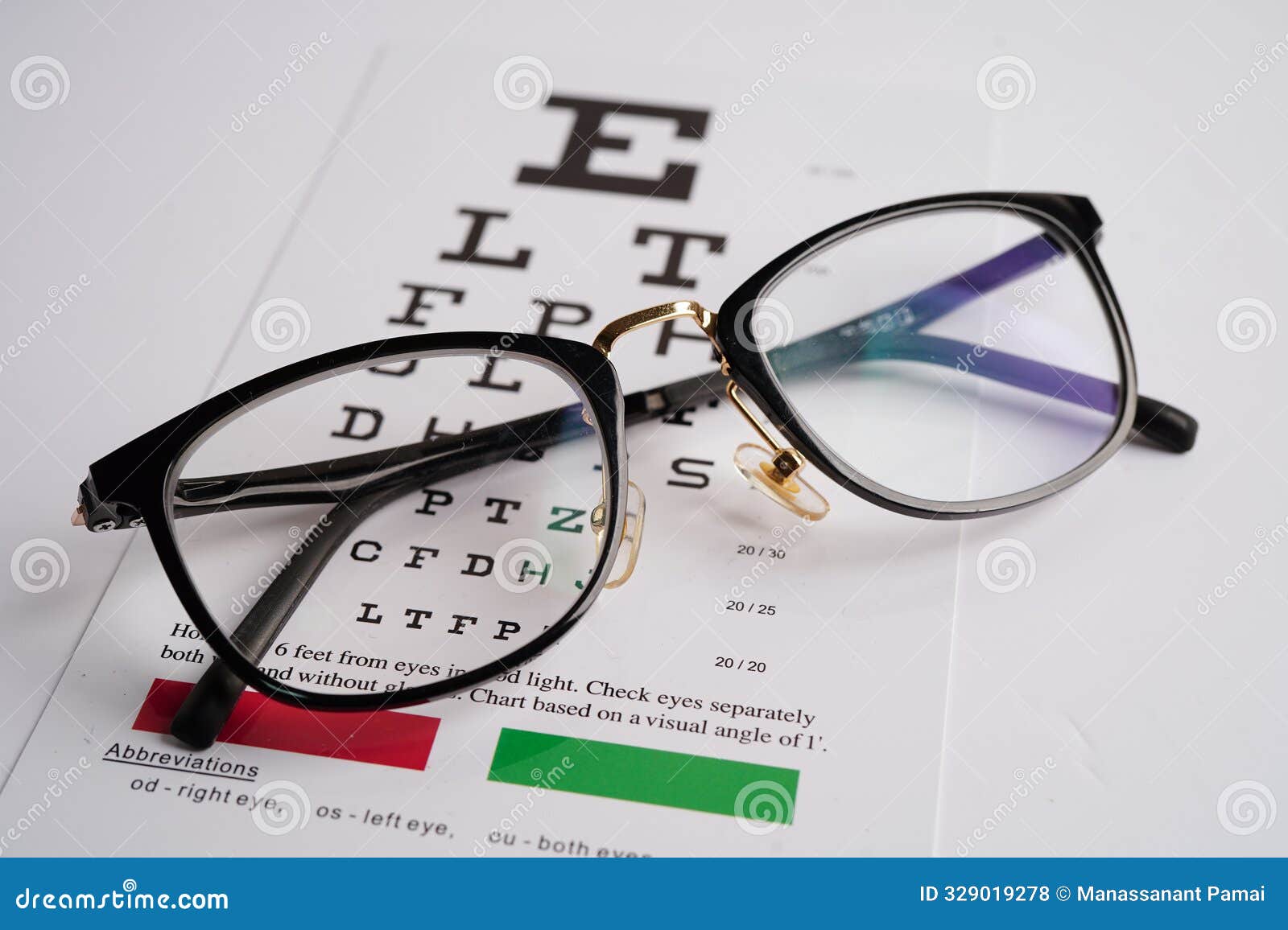 Glasses on Eye Exam Chart To Test Eyesight Accuracy of Reading Stock ...