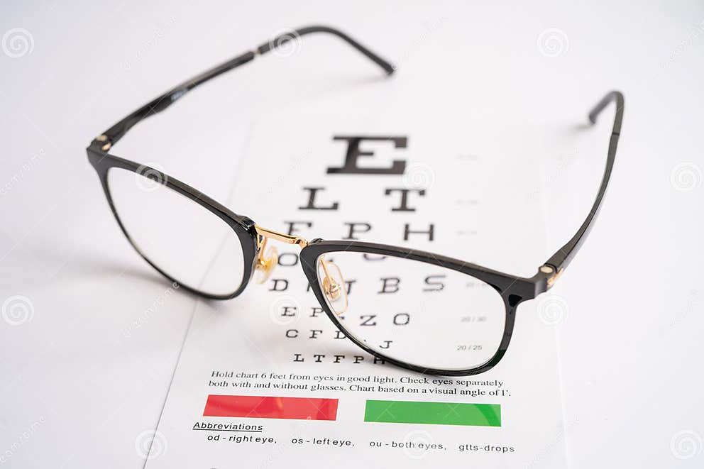 Glasses on Eye Testing Exam Chart To Check Eyesight Accuracy of Reading ...