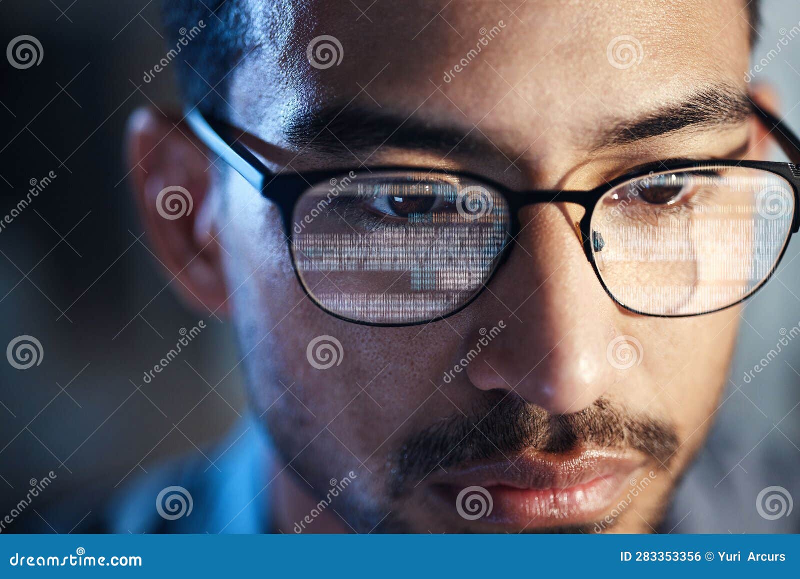Glasses, Man and Reflection of Code on Computer Working on Software ...