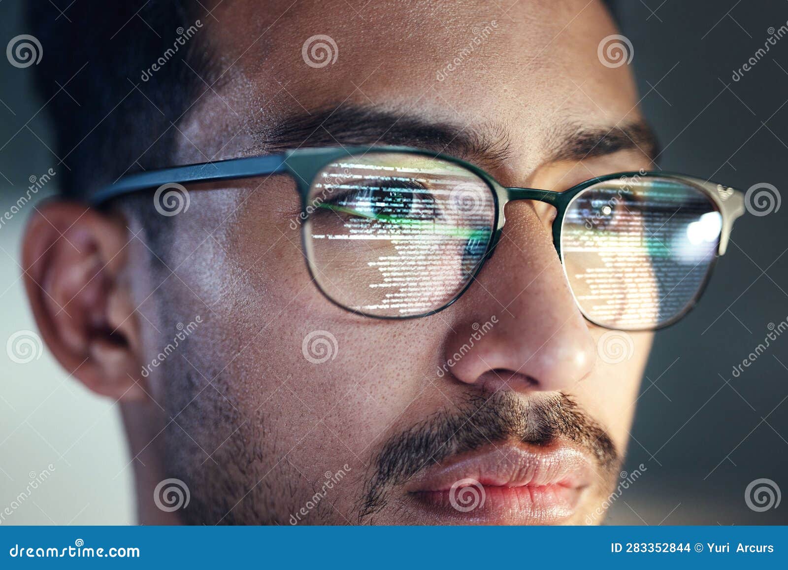 Glasses, Man and Reflection of Programmer on Computer Working on Software, Code and Data. it ...