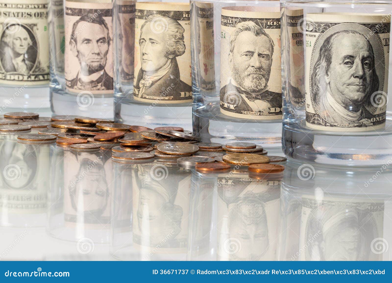 The Glasses and Money on the Glass Table Stock Image - Image of ...