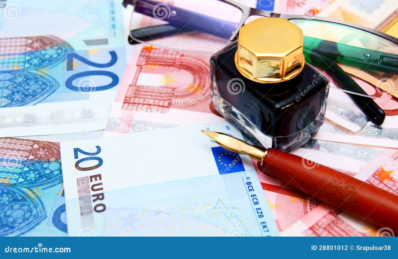 Glasses, Pen and Ink. on Money, Euro Stock Photo - Image of debt ...