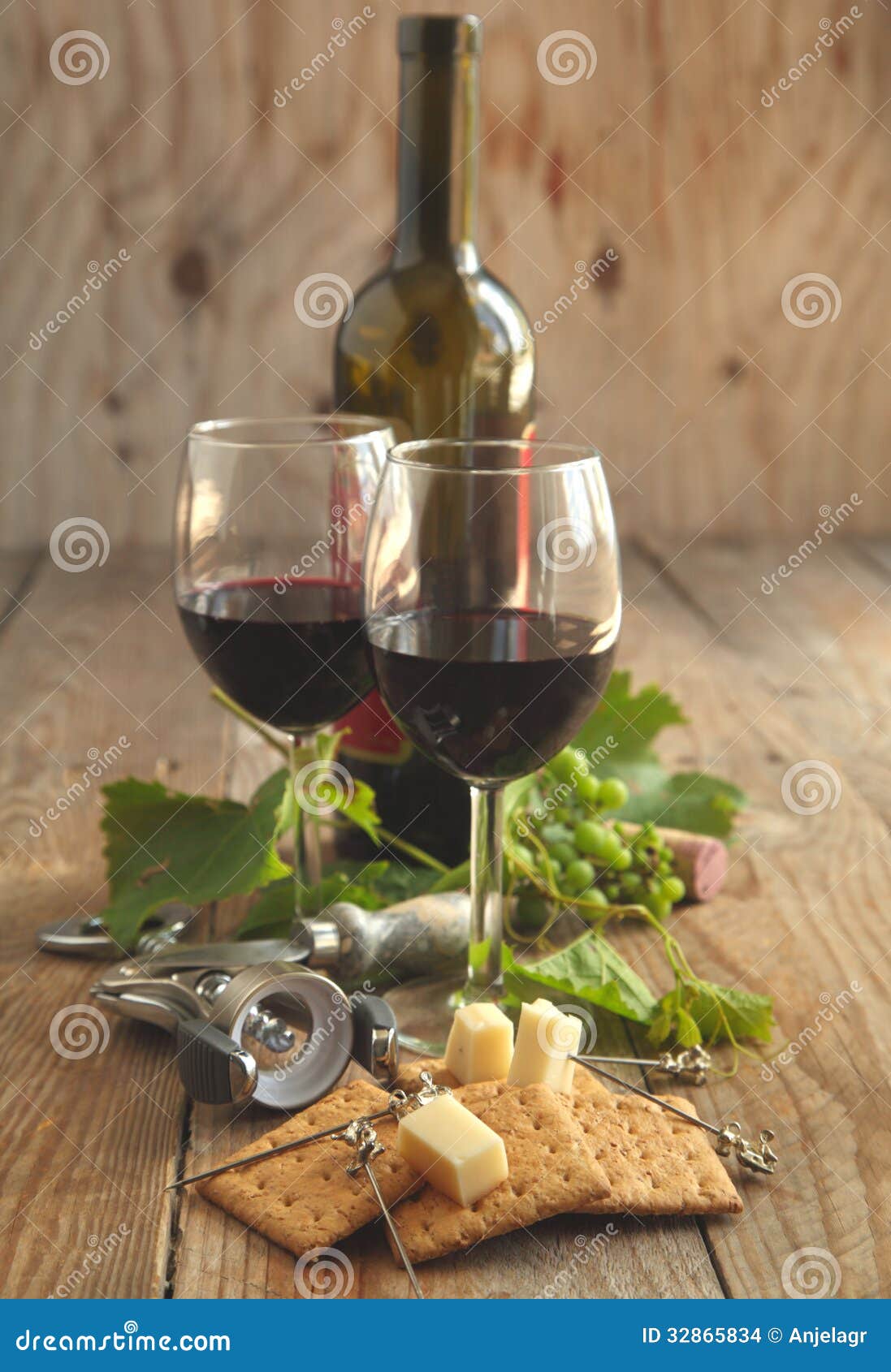 Glasses of Red Wine with Cheese, Crackers and Grape Stock Photo - Image ...