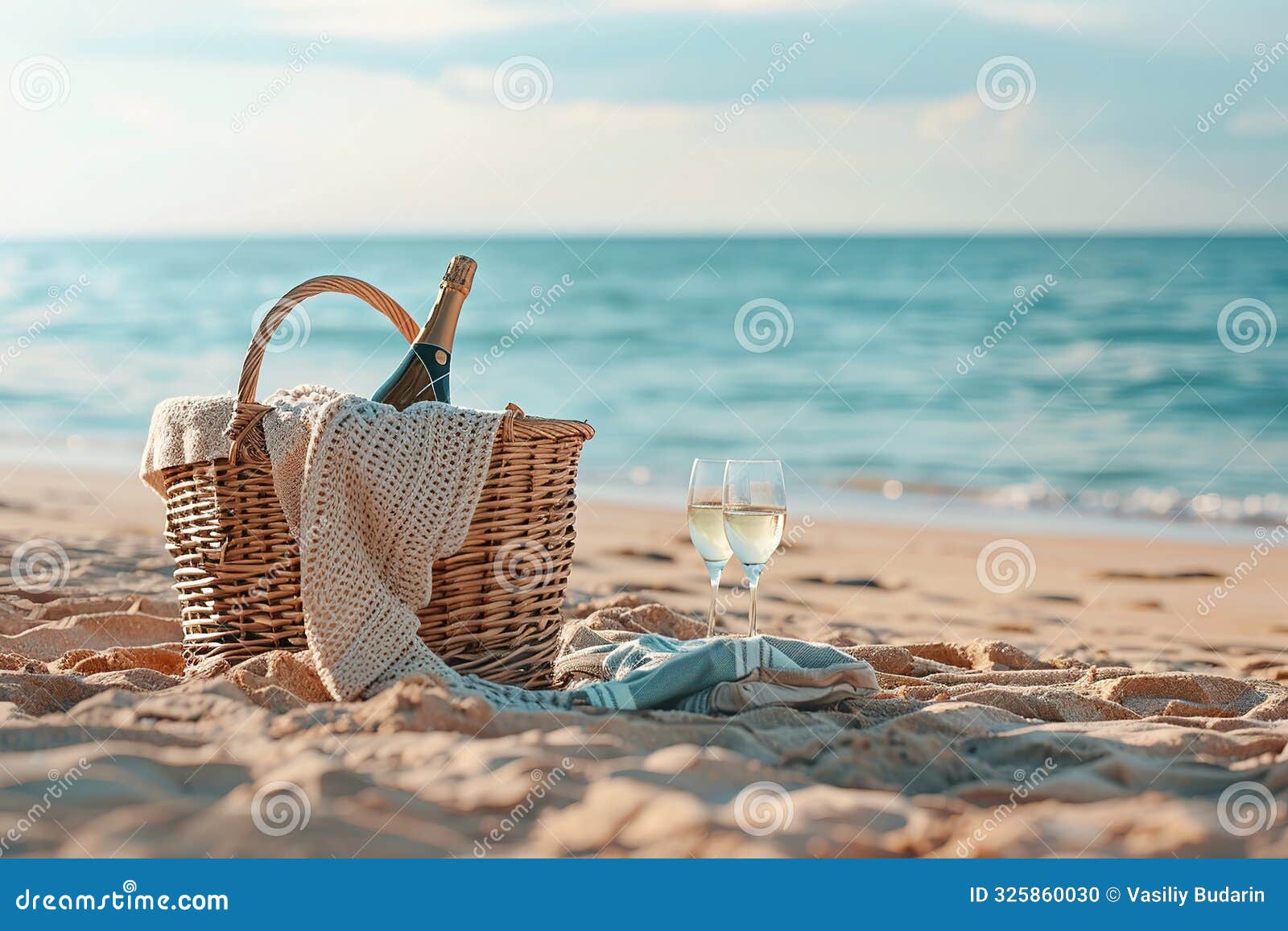 Glasses with Rose Wine and Snacks on Sandy Seashore. Space for Text ...