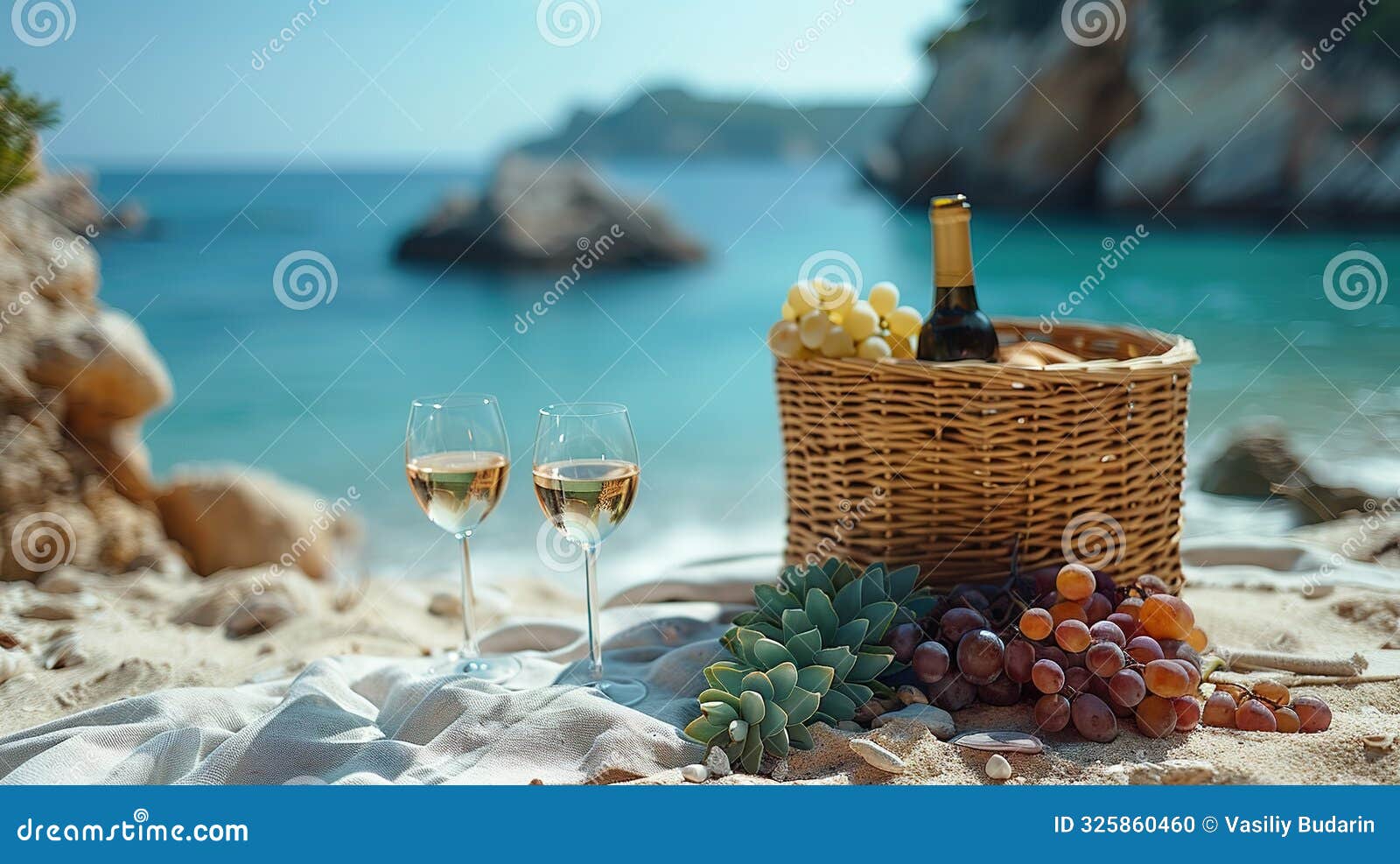 Glasses with Rose Wine and Snacks on Sandy Seashore. Space for Text ...