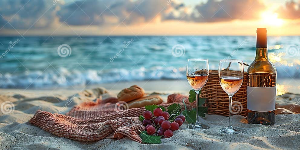 Glasses with Rose Wine and Snacks on Sandy Seashore. Space for Text ...