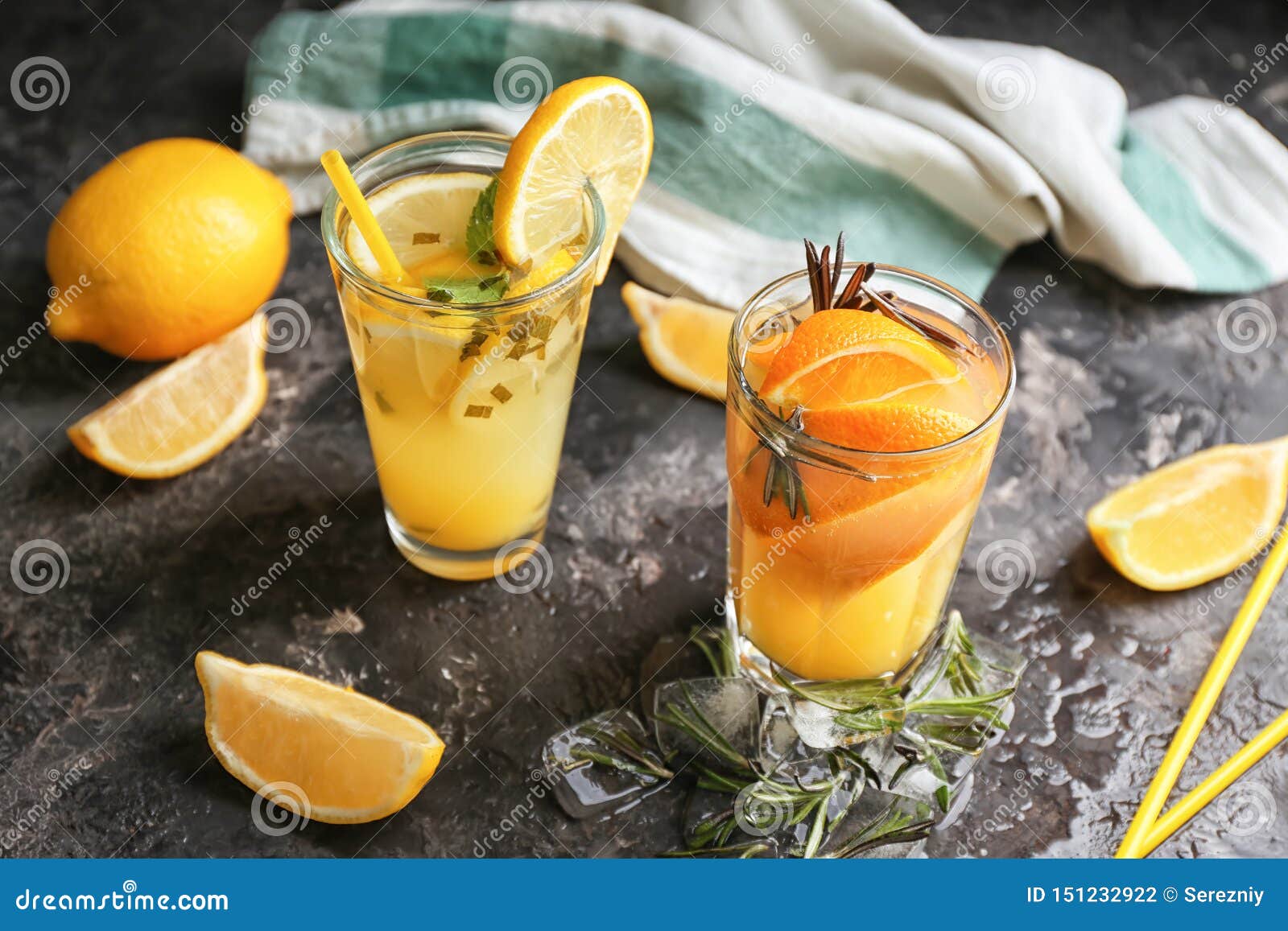 Glasses of Tasty Cold Cocktails on Dark Table Stock Photo - Image of ...