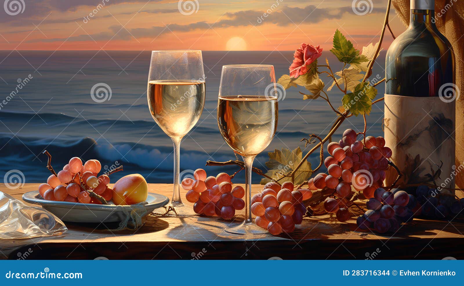 A Glasses of White Wine and a Beautiful Sunset on the Beach Stock ...