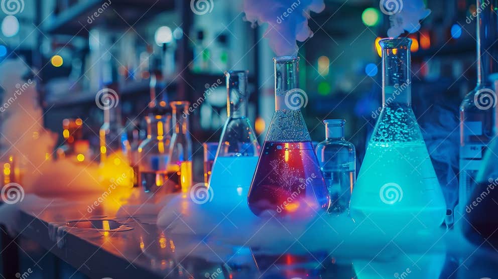 Chemical Reactions in Lab, Glassware on Lab Table with Bubbling ...