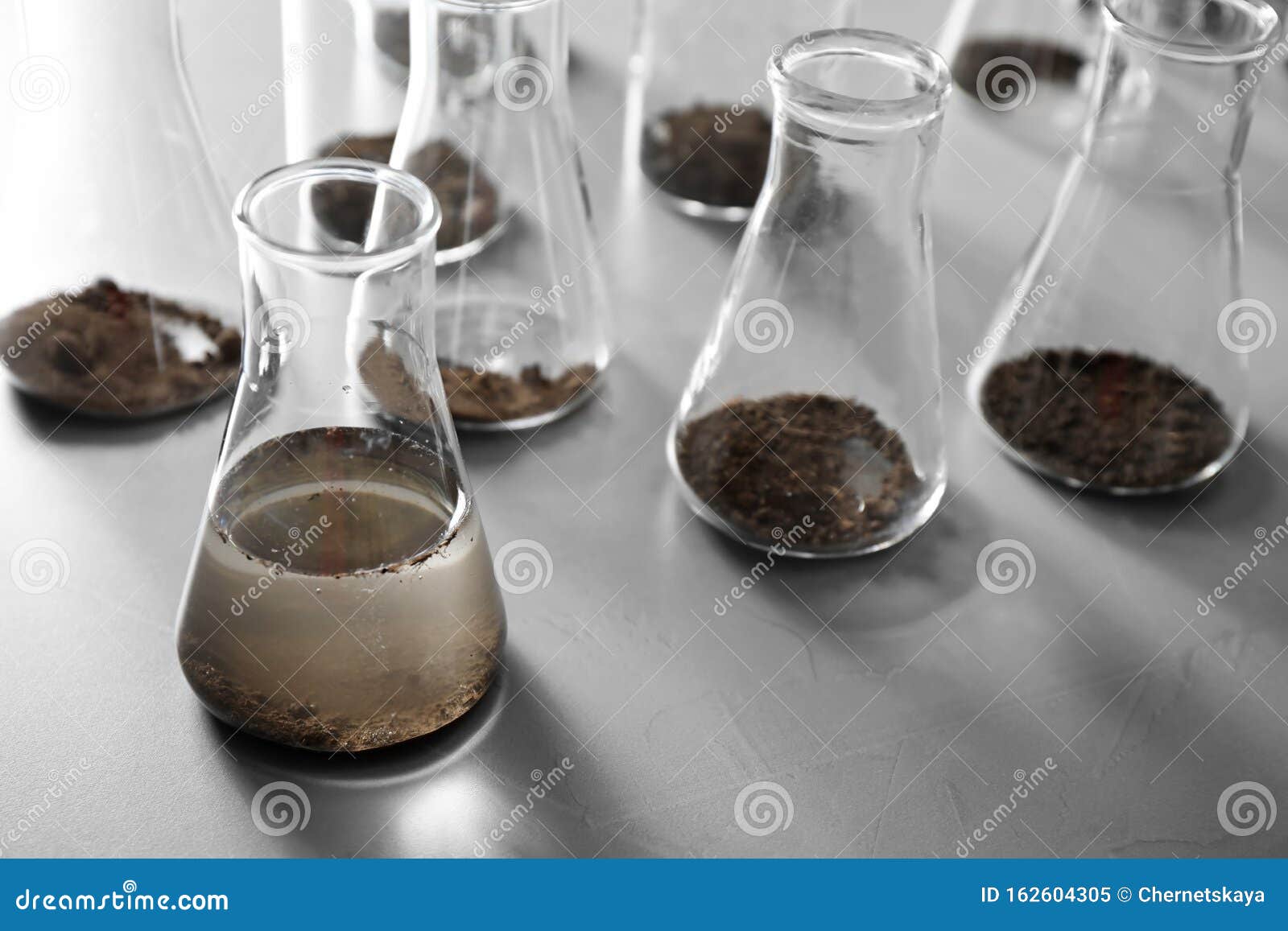 Glassware with Soil Samples and Extract on Table. Laboratory Research ...