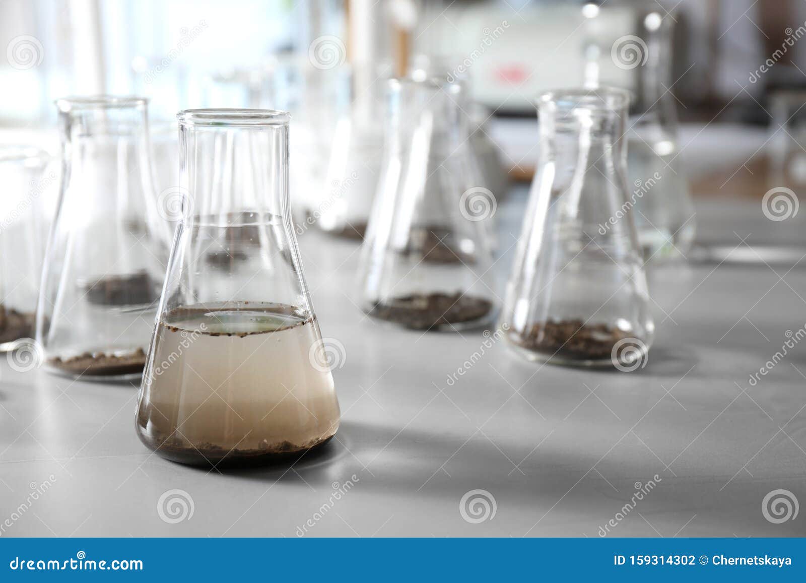 Glassware with Soil Samples and Extract on Table. Laboratory Research ...