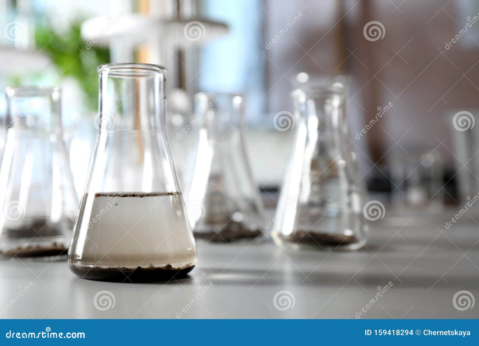 Glassware with Soil Samples and Extract on Table. Laboratory Research ...