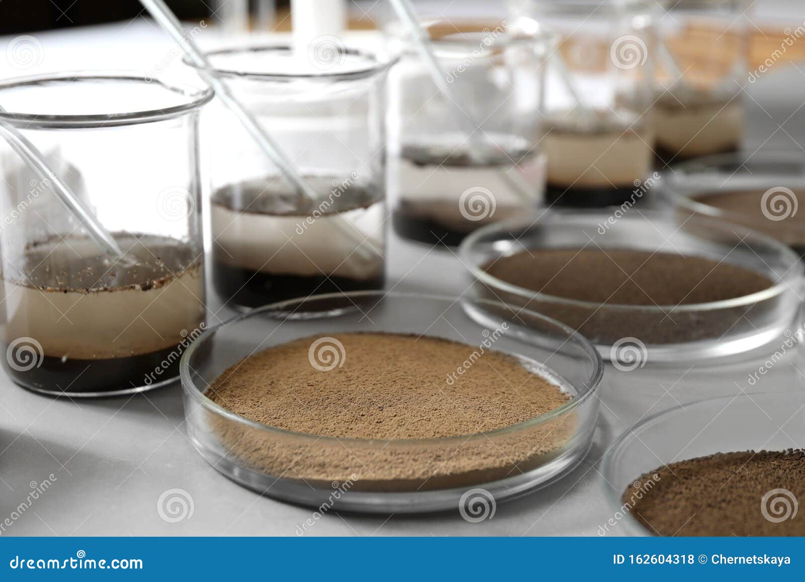 Glassware with Soil Samples and Extracts on Table. Laboratory Research ...