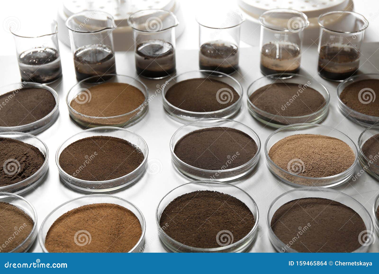 Glassware with Soil Samples and Extracts on Table. Laboratory Research ...