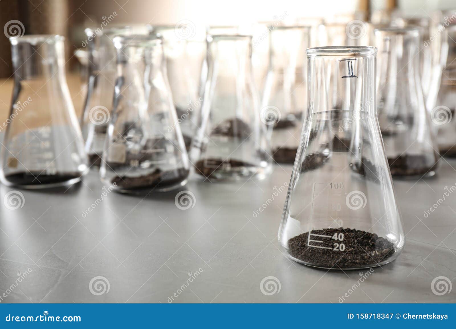 Glassware with Soil Samples on Grey Table Stock Image - Image of ...