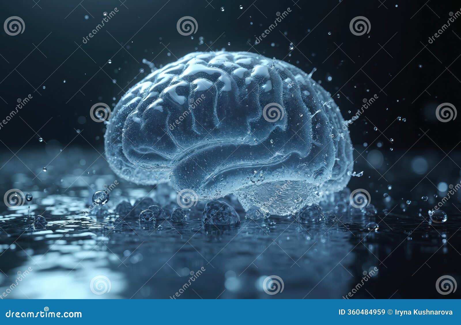 Glassy Human Brain on Wet Surface with Water Drops. 3d Render of ...