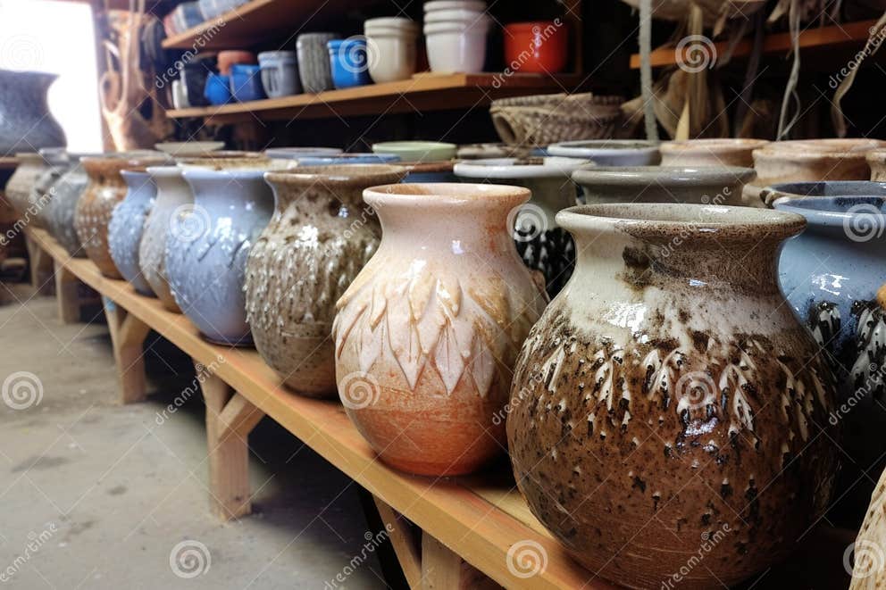 Glazed Ceramic Pots in Various Stages of Drying Stock Illustration ...