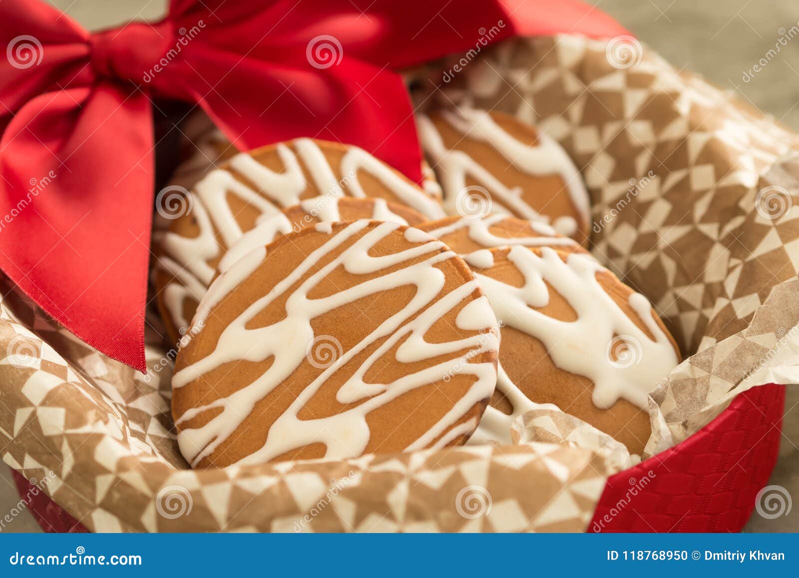 Glazed Cookies in a Red Box with a Bow Stock Photo - Image of pile ...