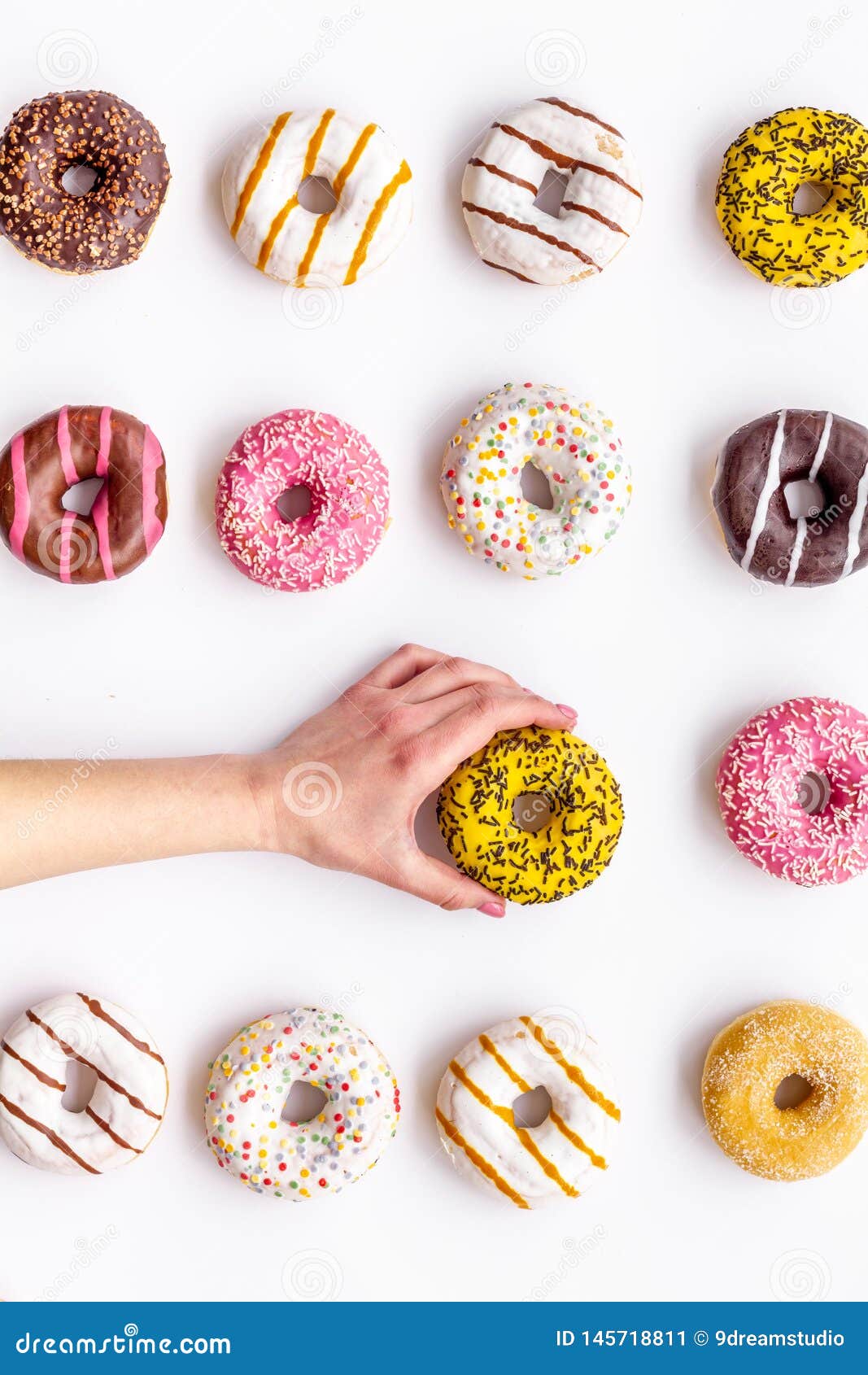 Glazed Decorated Donuts Pattern on White Background Flat Lay Stock ...
