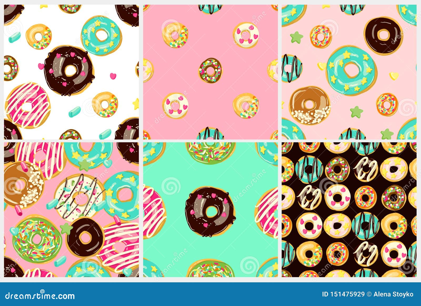 Glazed Donuts Seamless Pattern Set. Bakery Vector Illustrations. Top ...