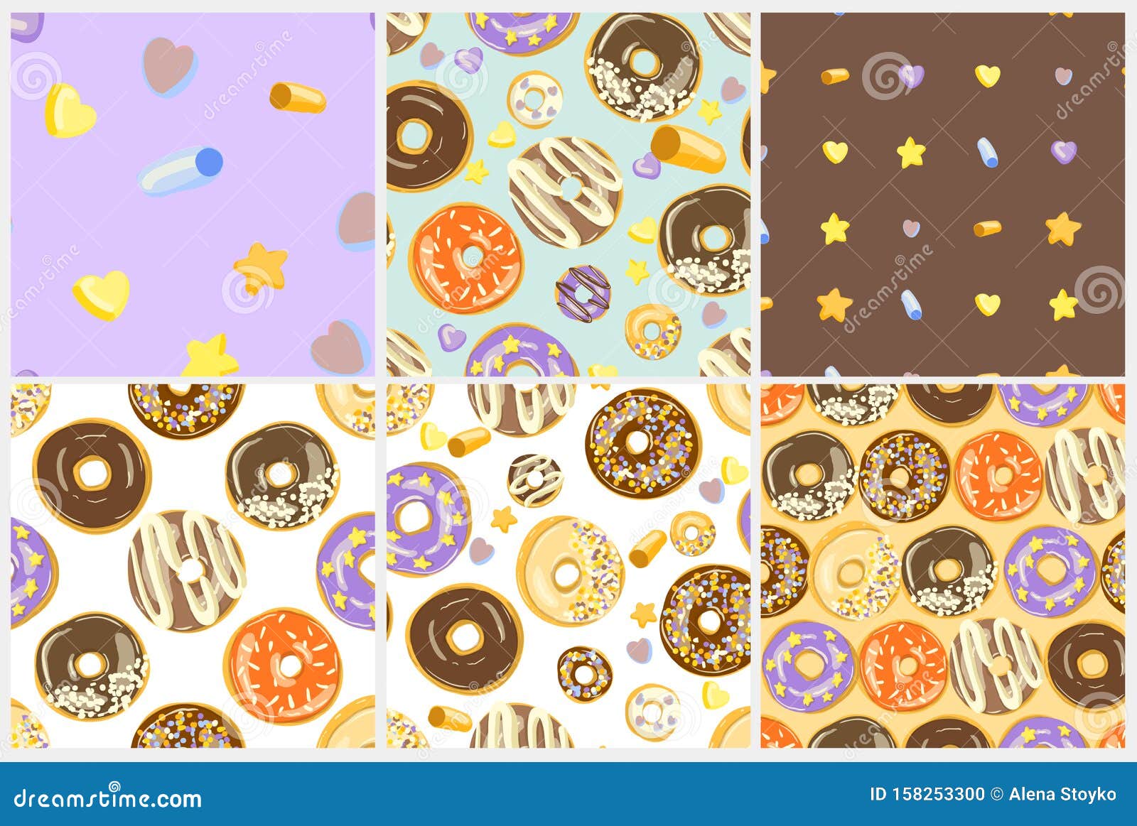 Glazed Donuts Seamless Pattern Set. Vector Illustrations. Top View ...