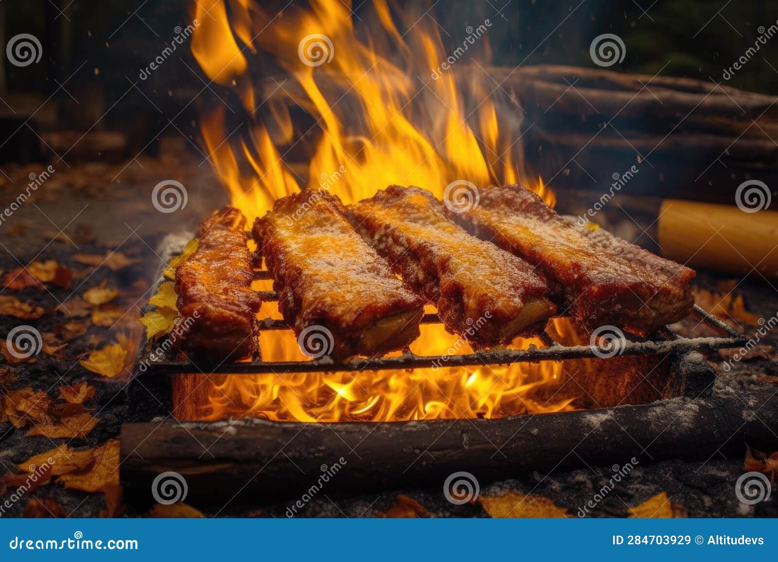 Glazed Ribs Cooking Over a Campfire with Golden Embers Stock ...