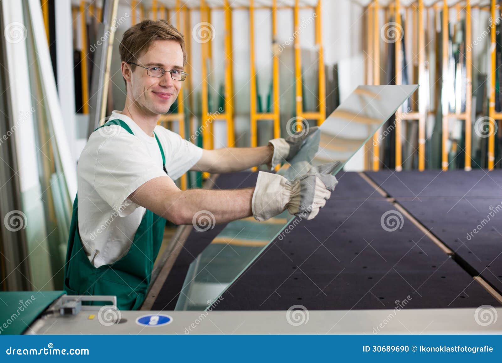 Glazier Handling Piece of Glass in Workshop Stock Photo - Image of male ...