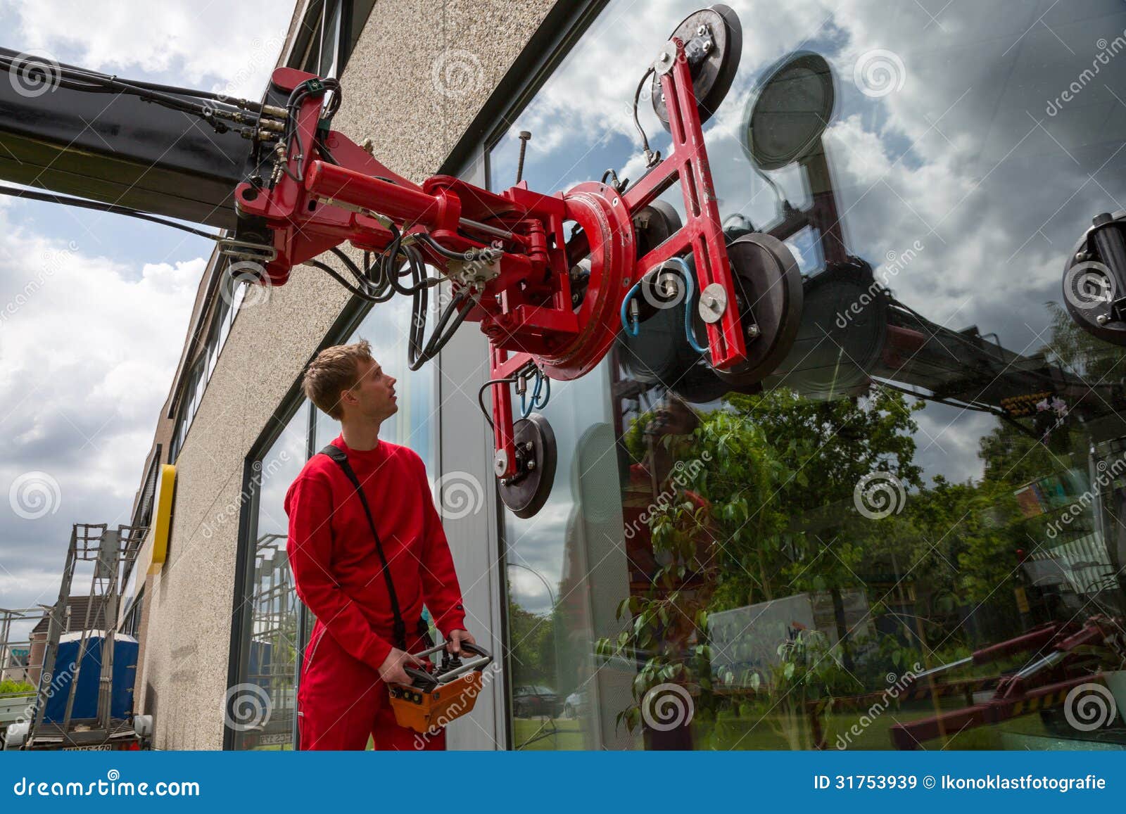 Glazier Operating Glass Installation Crane Stock Image - Image of ...