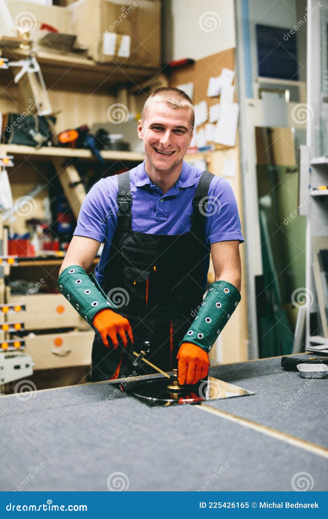 Glazier Worker Cutting Glass with Compass Glass Cutter in a Workshop ...