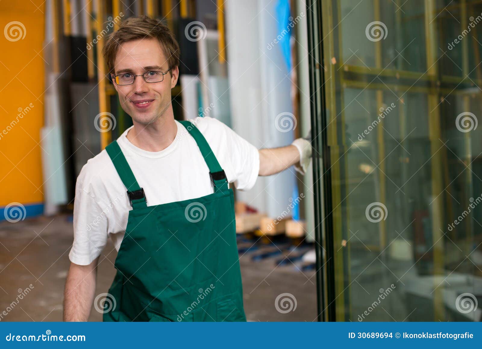 Glazier in Workshop Handling Glass Stock Photo - Image of work ...